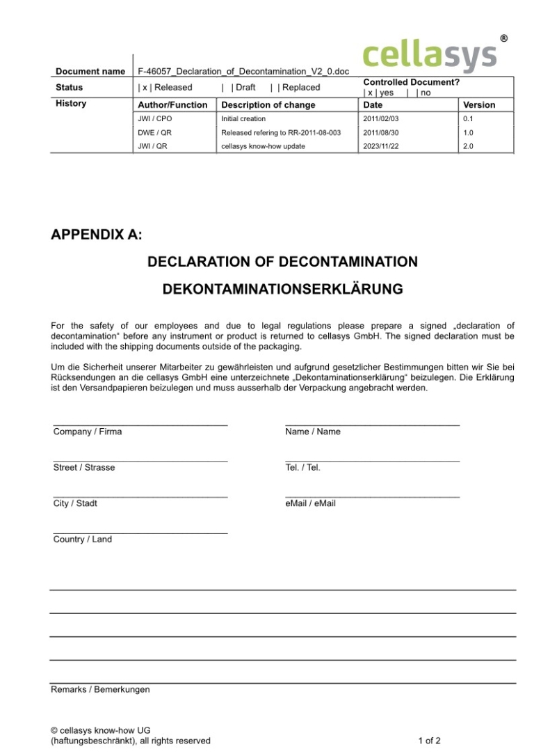 DECLARATION OF DECONTAMINATION - cellasys system solutions for ...