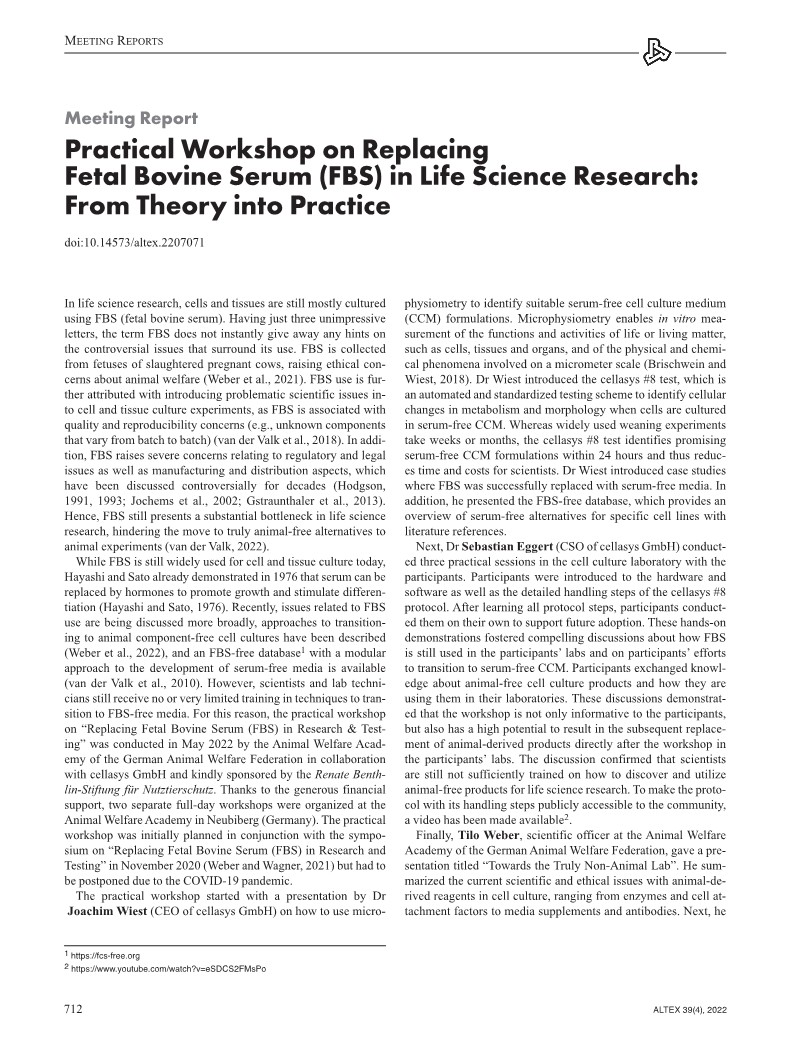 Practical workshop on replacing fetal bovine serum (FBS) in life ...